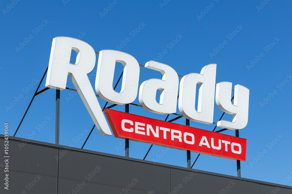 Roady Centro Auto logo sign at the car garage. Station shop sign ...