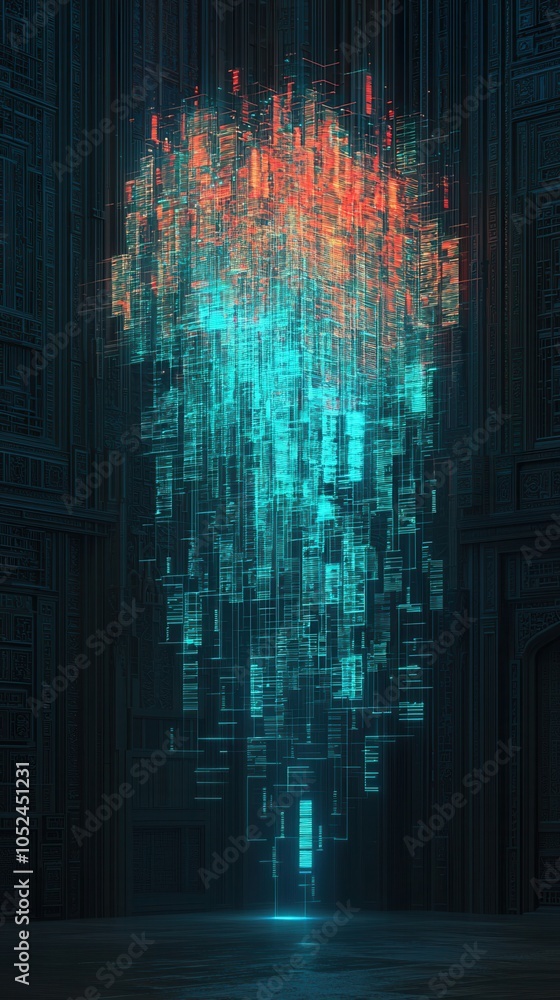 Intricate digital cascade with vibrant colors, creating a mesmerizing ...