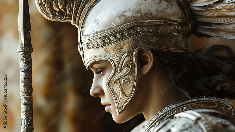 A side profile of a warrior in a detailed helmet, holding a spear ...