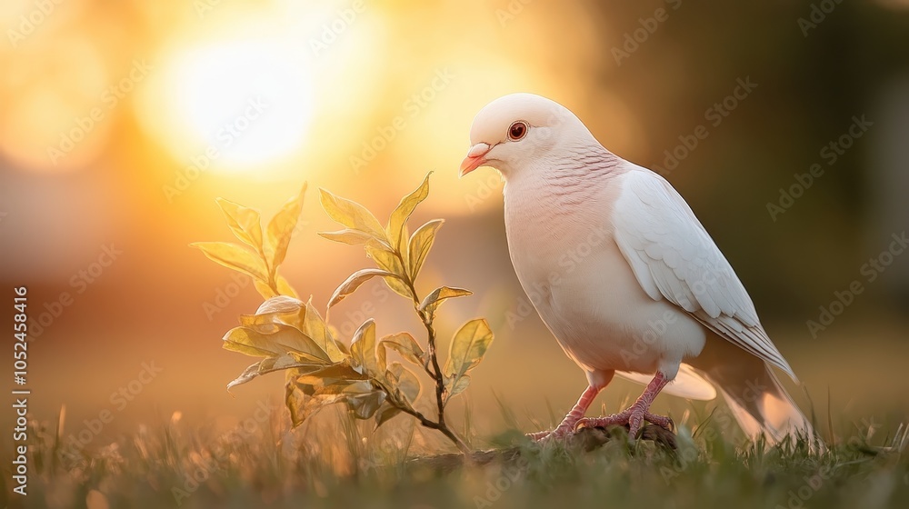A serene white dove stands gracefully beside a small plant, bathed in ...