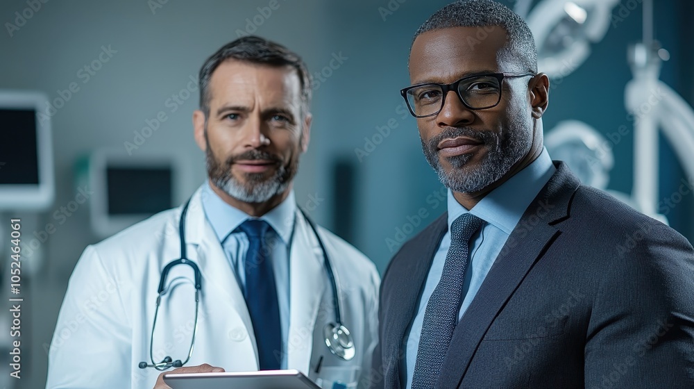 Two confident doctors in a hospital setting, one in a lab coat with a ...