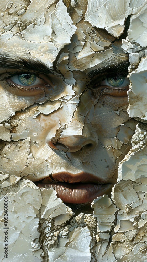 Bas relief, Intricate sculpture of human face emerging from cracked ...