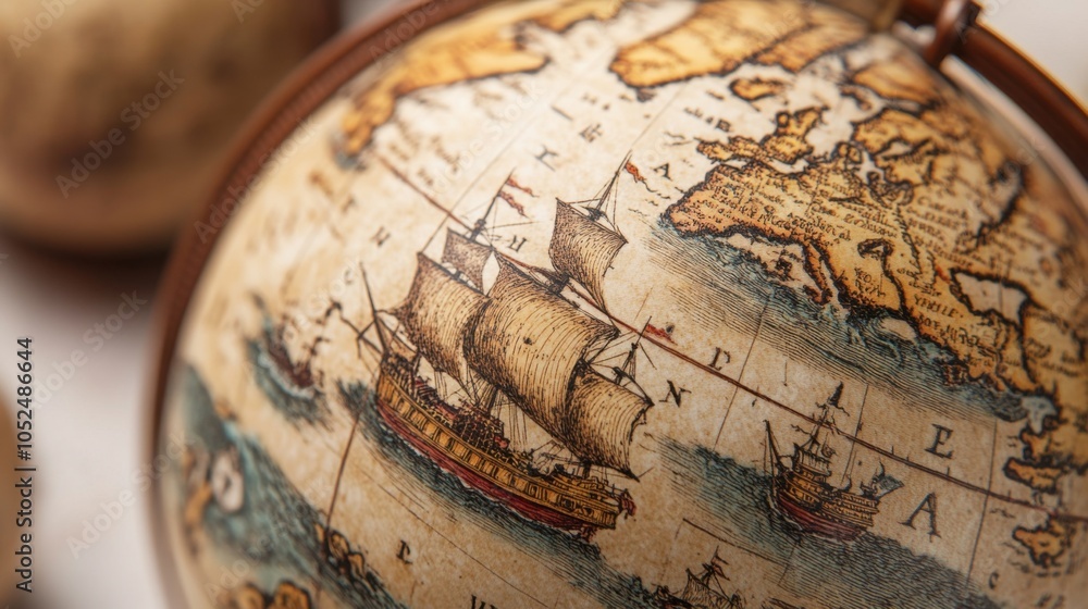 Macro shot of a vintage globe with tiny ships and sea monsters drawn ...