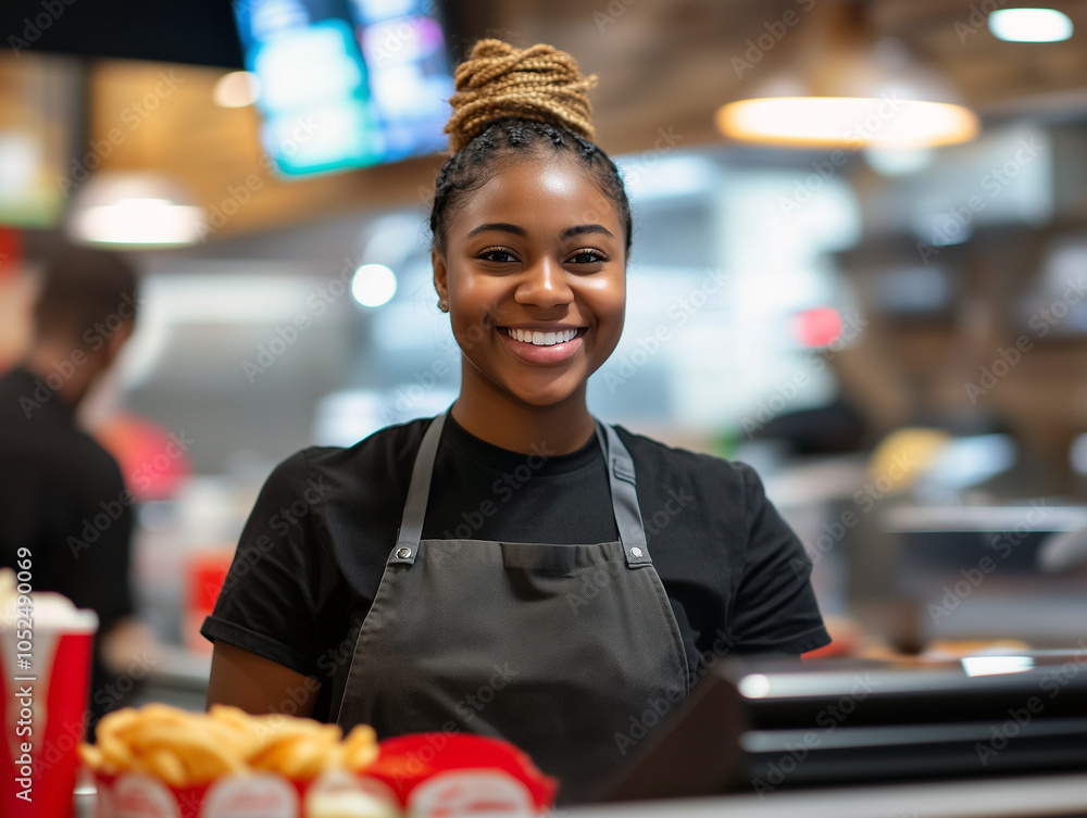 A smiling Black woman with braided hair, wearing an apron and uniform ...