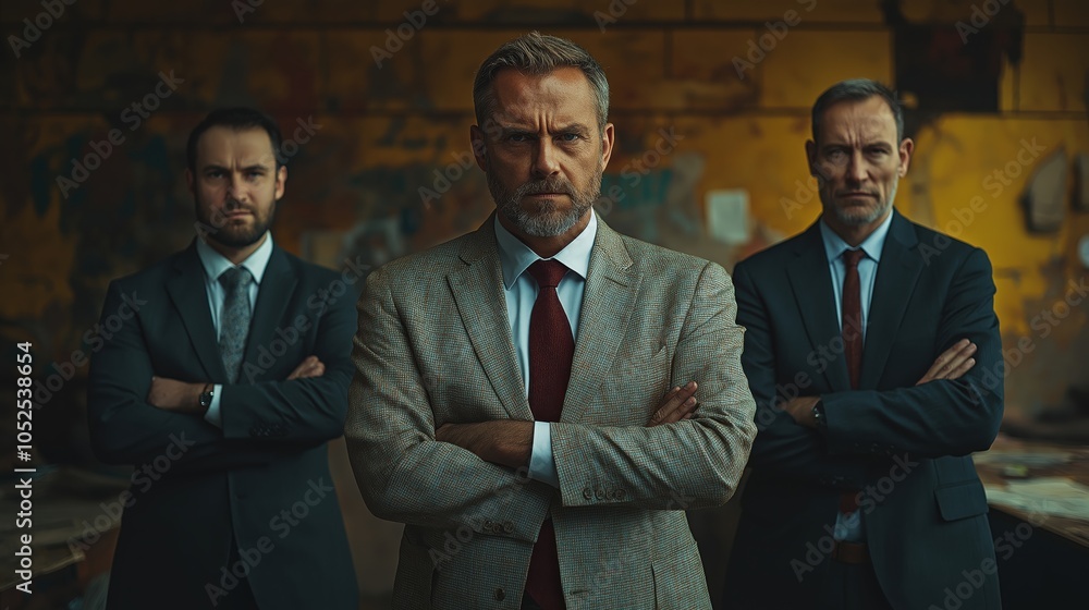 Sad broke man who is unable to pay the rent. Two angry business men on ...