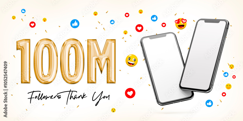 100 Million followers celebration. With two blank white screen ...