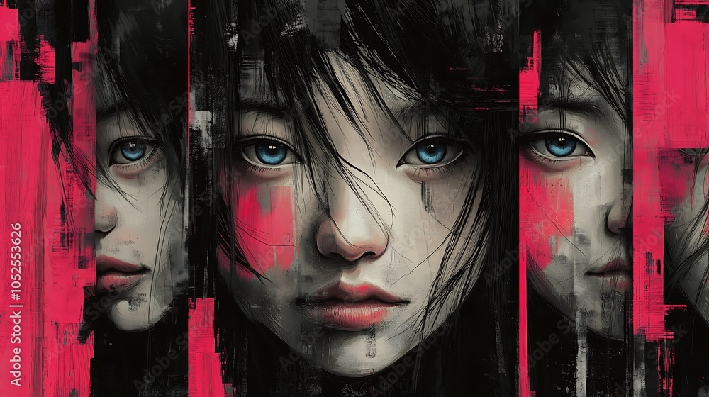 Glitched and distorted images featuring the face of an Asian woman ...