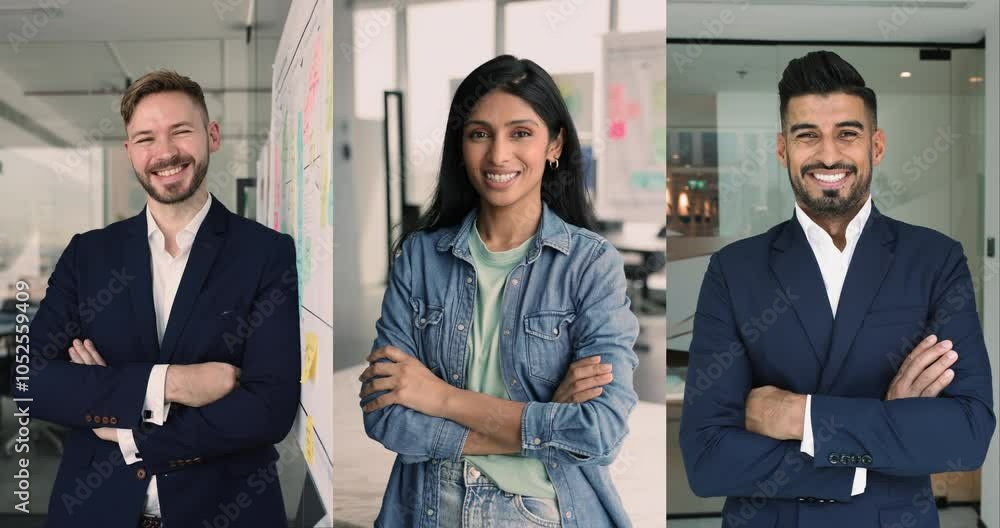 Three multinational teammates posing in office with arms-crossed, smile ...