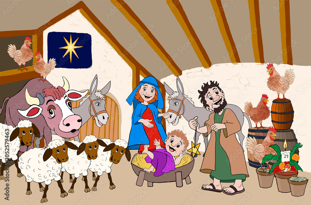 Newborn baby Jesus in the stable with Josef, Mary and animals Stock ...