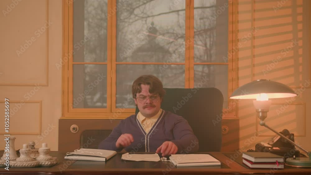 man in a retro office works with documents. A mustachioed man in a ...