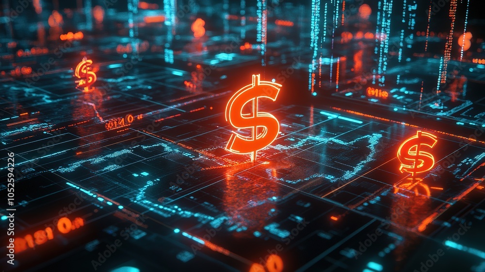 A futuristic 3D rendering of a financial landscape with dollar symbols ...