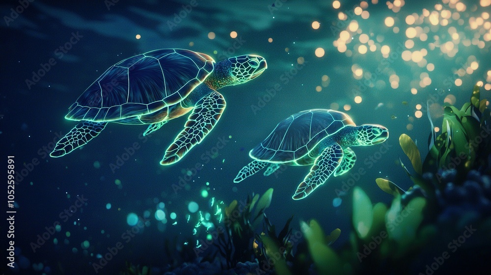 Two sea turtles swim in the ocean with glowing bubbles on their heads ...