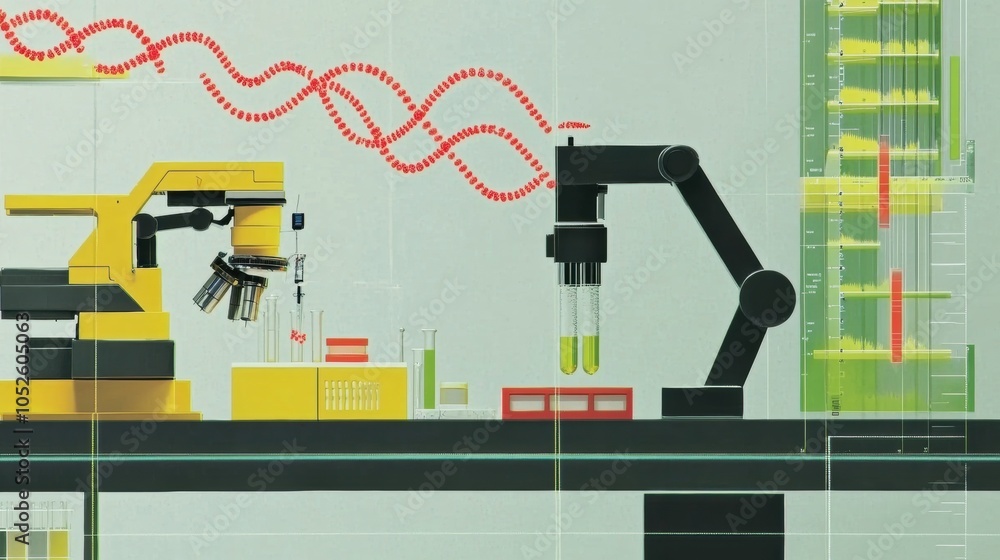 Illustrated laboratory setup with microscope, test tubes, and DNA model ...
