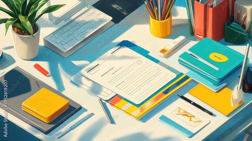 Artistic depiction of a stack of ID cards on a desk, surrounded by ...