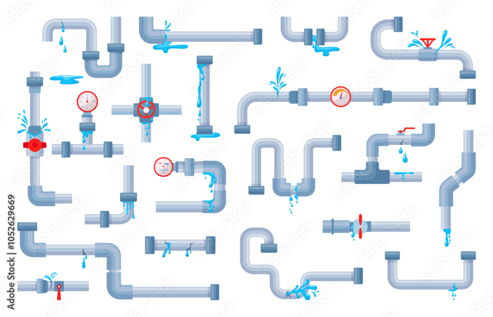 Isolated leaking pipes. Broken pipe, metal plastic water tube system ...