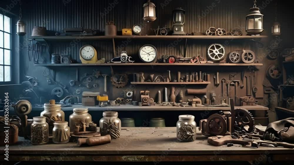 A vintage-style workshop or garage interior with various tools, and ...