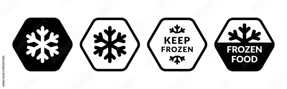 Keep frozen food vector labels set. Snowflake flat black icons on ...