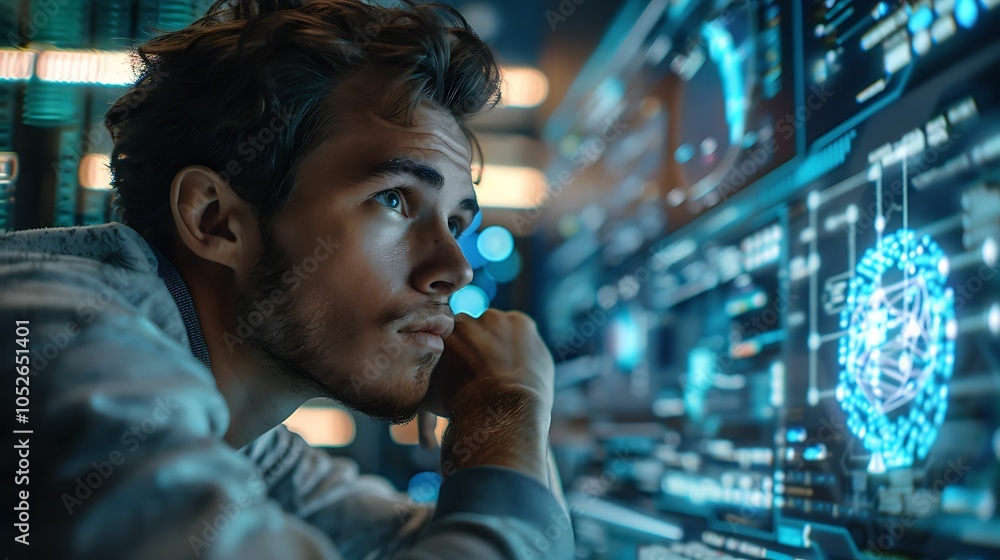 Cyberpunk Visionary: A pensive young programmer gazes intently at a ...