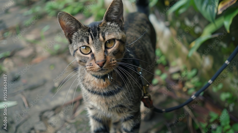 A curious tabby cat stands alert on a rustic stone walkway, wearing a ...