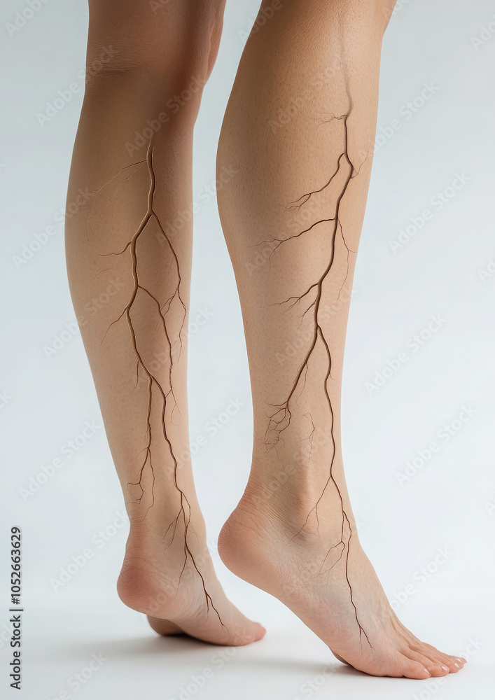 varicose veins on woman's legs on white background, disease, close-up ...