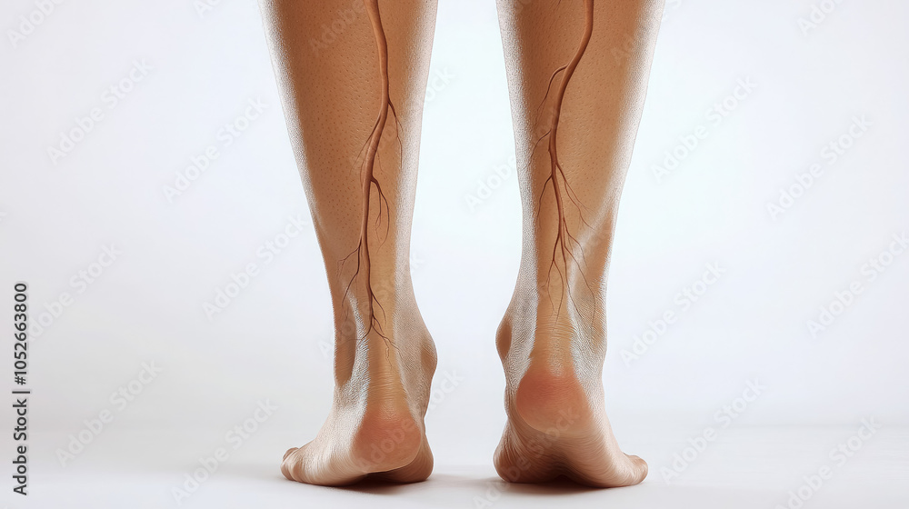 varicose veins on woman's legs on white background, disease, close-up ...