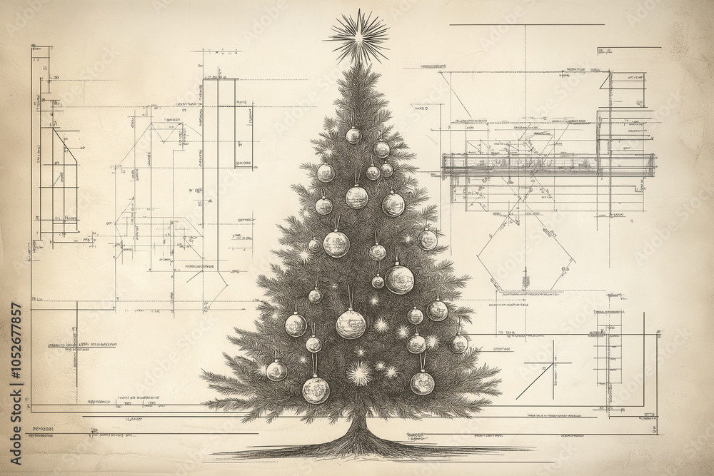 Vintage Blueprint of a Christmas Tree with Detailed Ornaments and Star ...