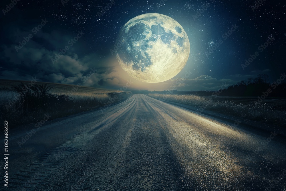 Fantasy Fairy Tale Full Moon Illuminates the Night Road, Shining ...