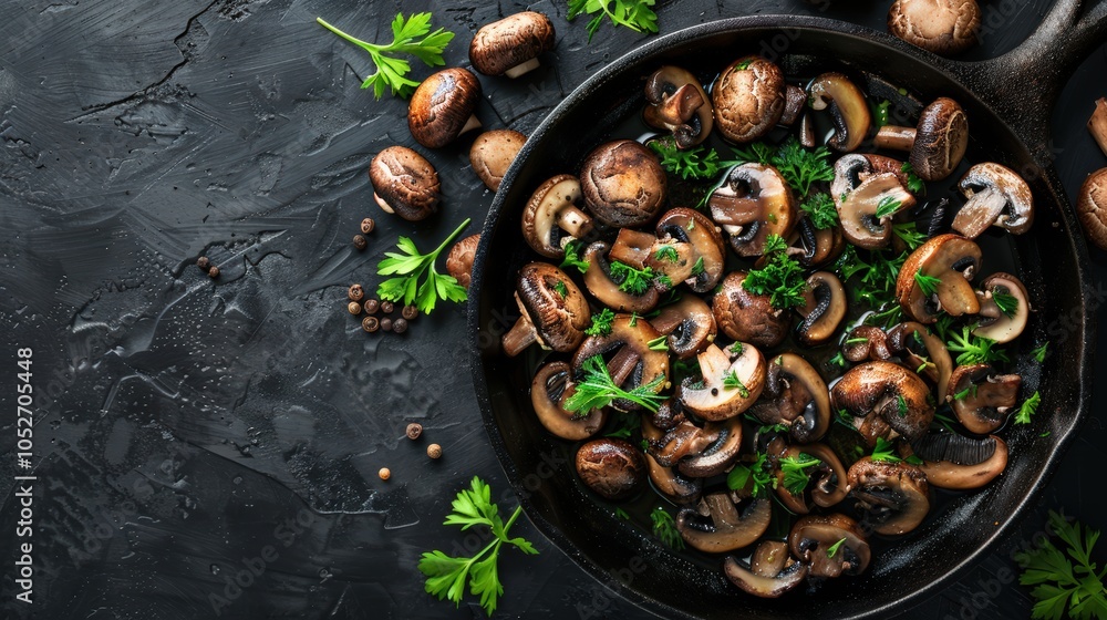 Overhead shot of mushroom beef stroganoff in frying pan with red wine ...