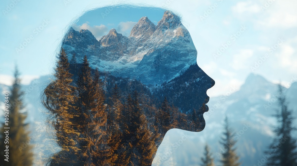Nature's reflection in a double exposure silhouette against mountain ...