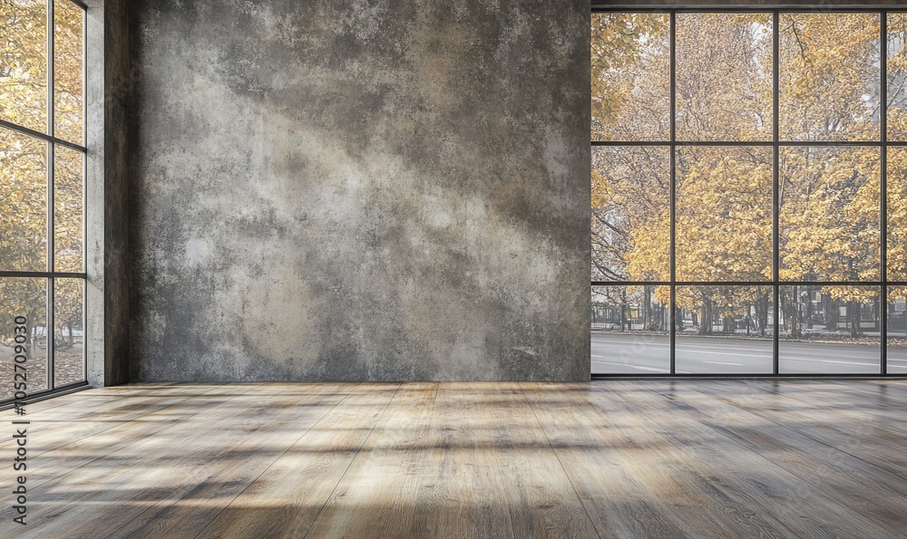 A sparse room with a grey concrete wall and a hardwood floor in tints ...