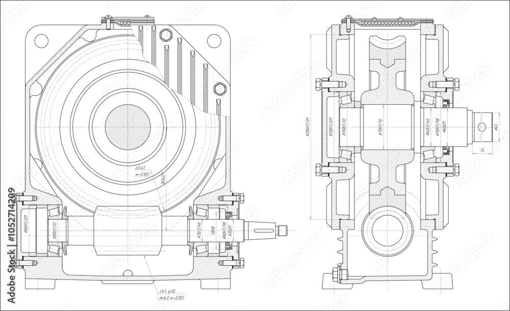 Assembly drawing of electrical reducer. Vector design of steel ...