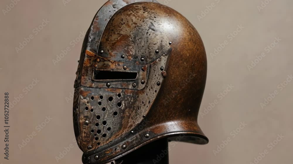 A close-up of a medieval helmet, displaying intricate details and signs ...