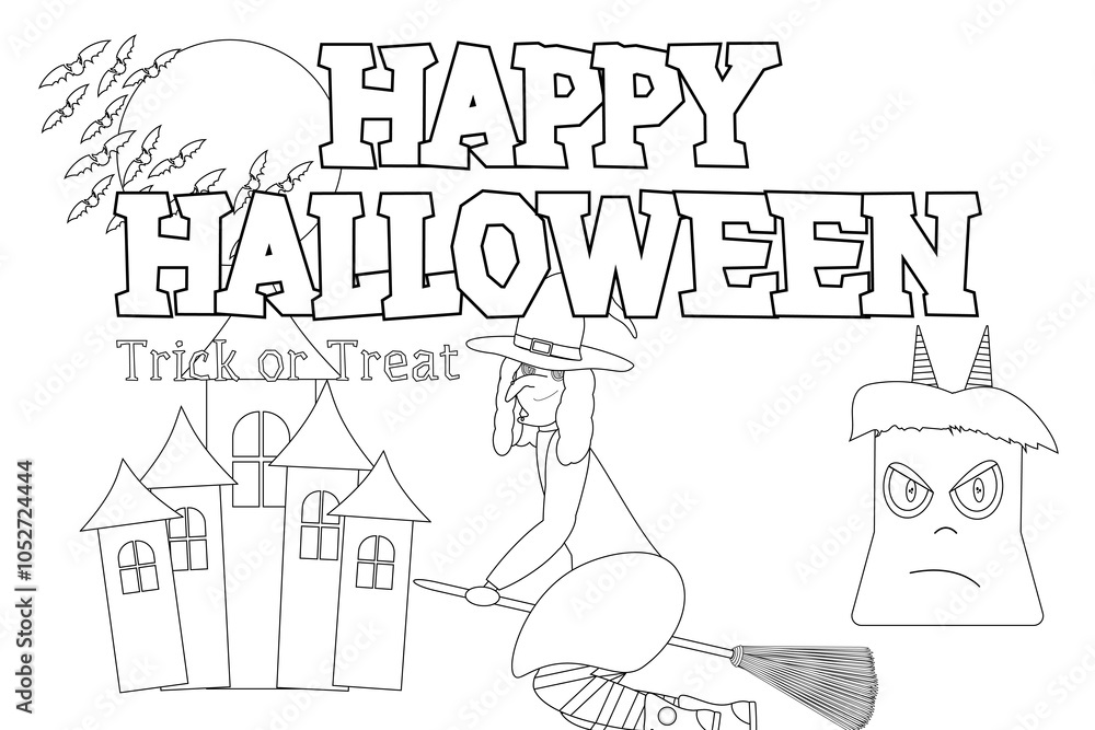 A Halloween coloring page featuring a witch on a broom, haunted house ...