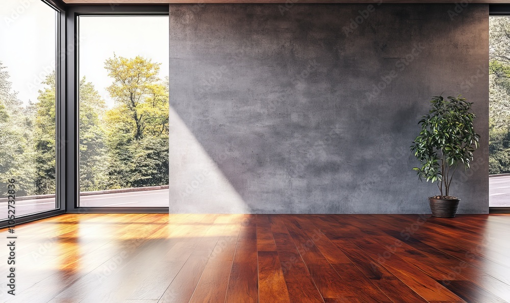 A sparse room with a grey concrete wall and a hardwood floor in tints ...