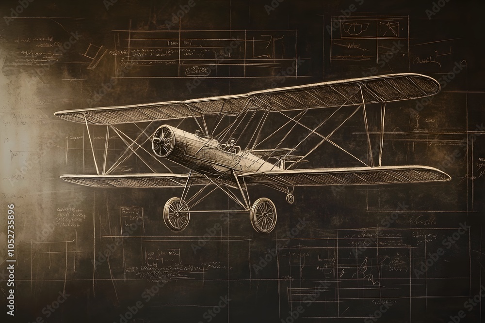 A vintage chalk drawing of the Wright Brother's Kitty Hawk first flight ...