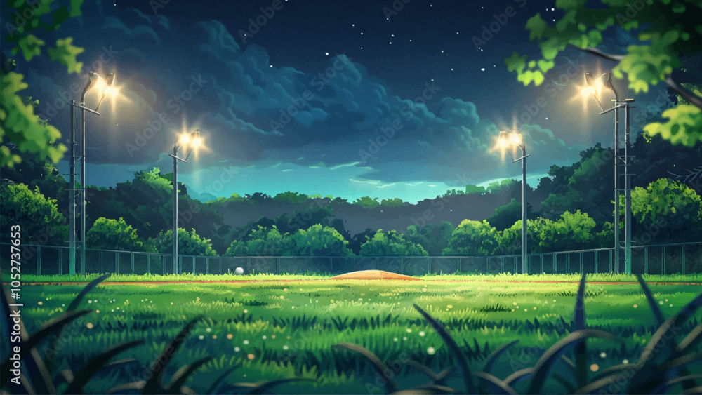 Baseball Field at Night Lights Shining on Grass Diamond Stadium ...