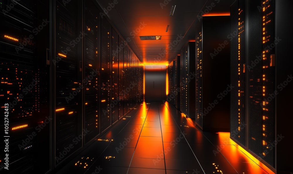 image of interior of data center server room at night illuminated by ...