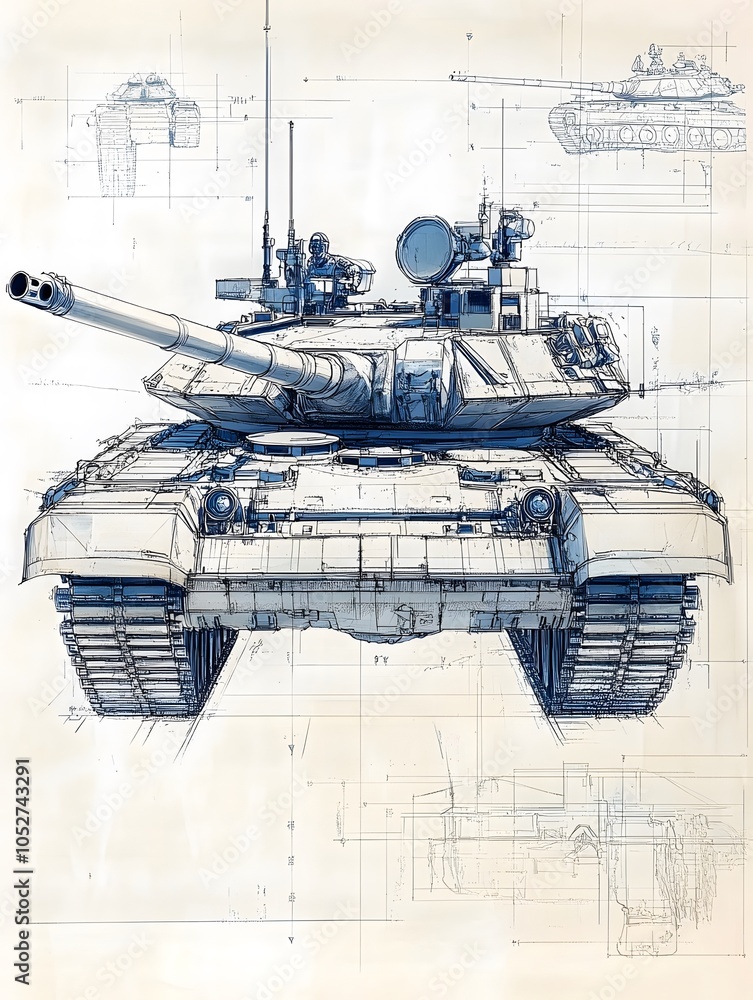 The design blueprint of the tank shows its complex structure as a heavy ...