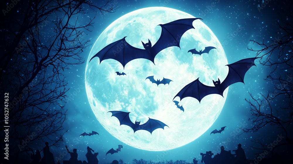 Bats Dancing Under the Full Moon with People Watching Stock ...