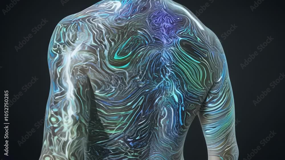 Shirtless man showcasing glowing topographic map body art while ...