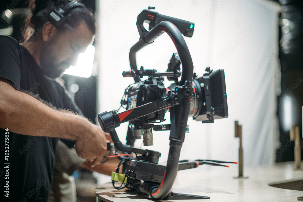 Professional cinema and video camera on the set. Shooting shift ...