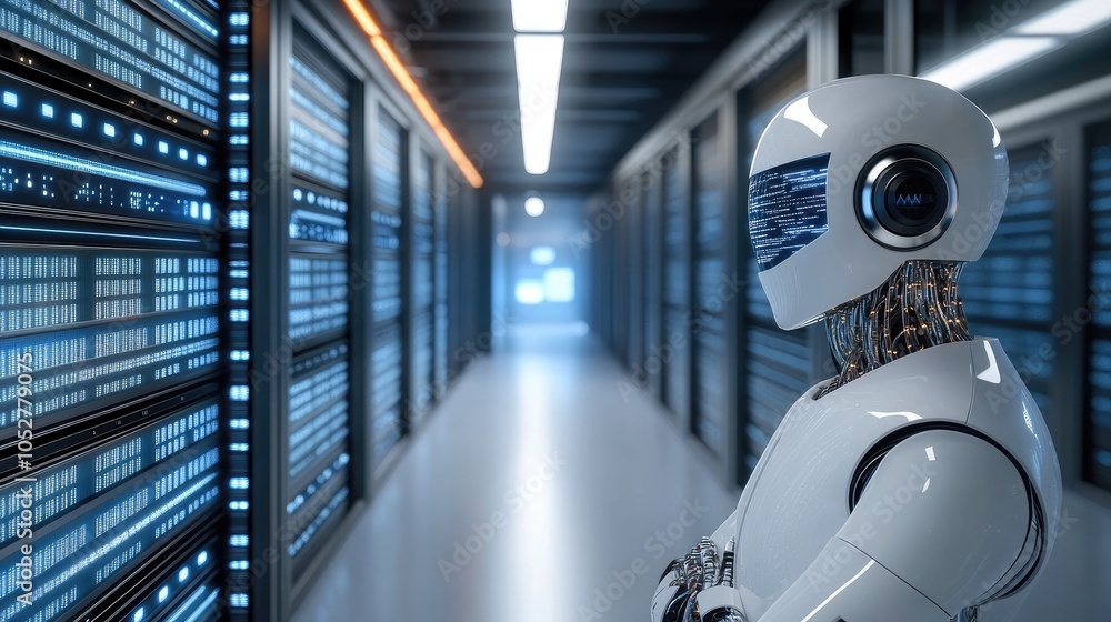 A humanoid robot stands in a data center, observing its surroundings ...