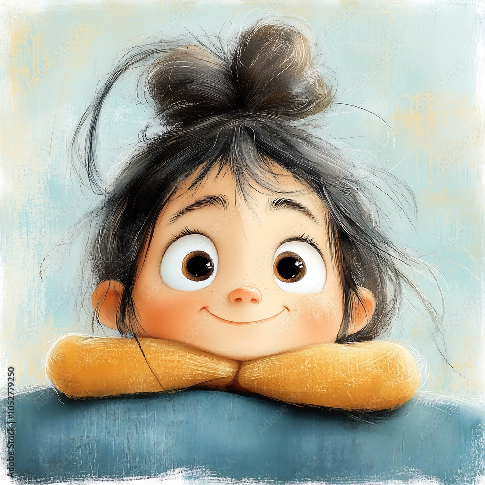 cartoon girl big smile face renaissance streaming lying bed blanket ...