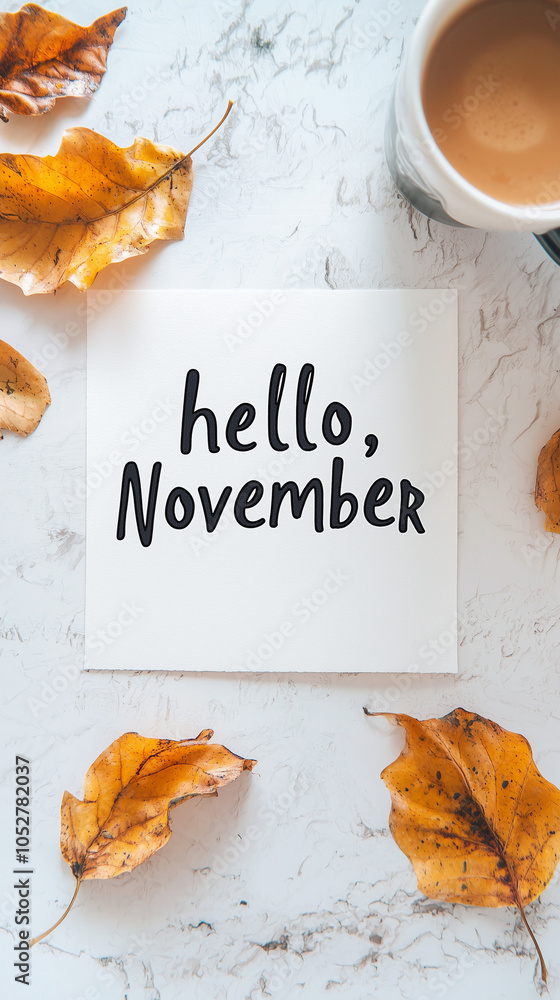 "Hello, November" text on white piece of paper, fall season background ...