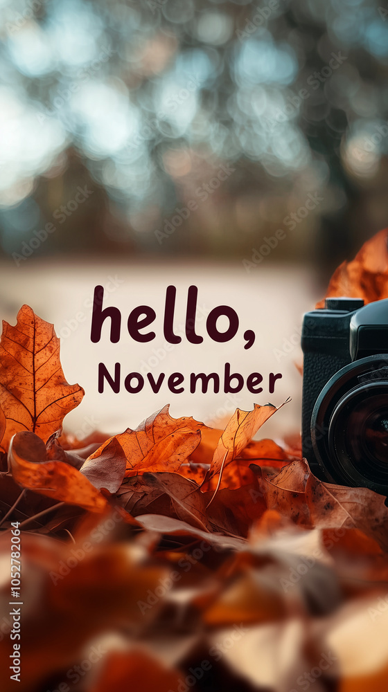 "Hello, November" text on fall season background aesthetic with autumn ...