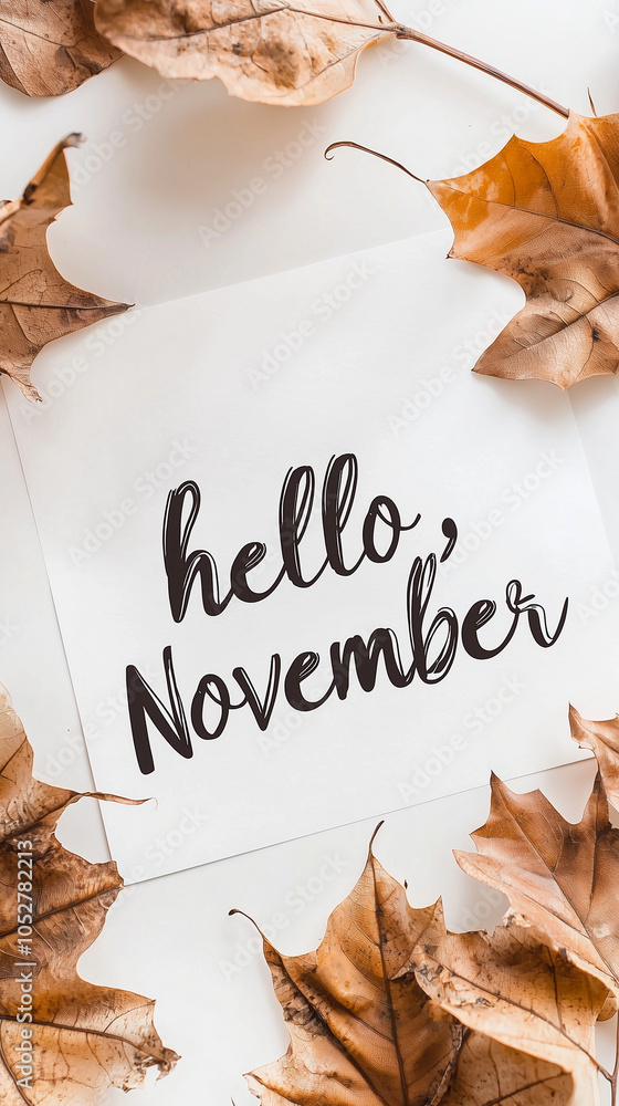 "Hello, November" text on white piece of paper, fall season background ...