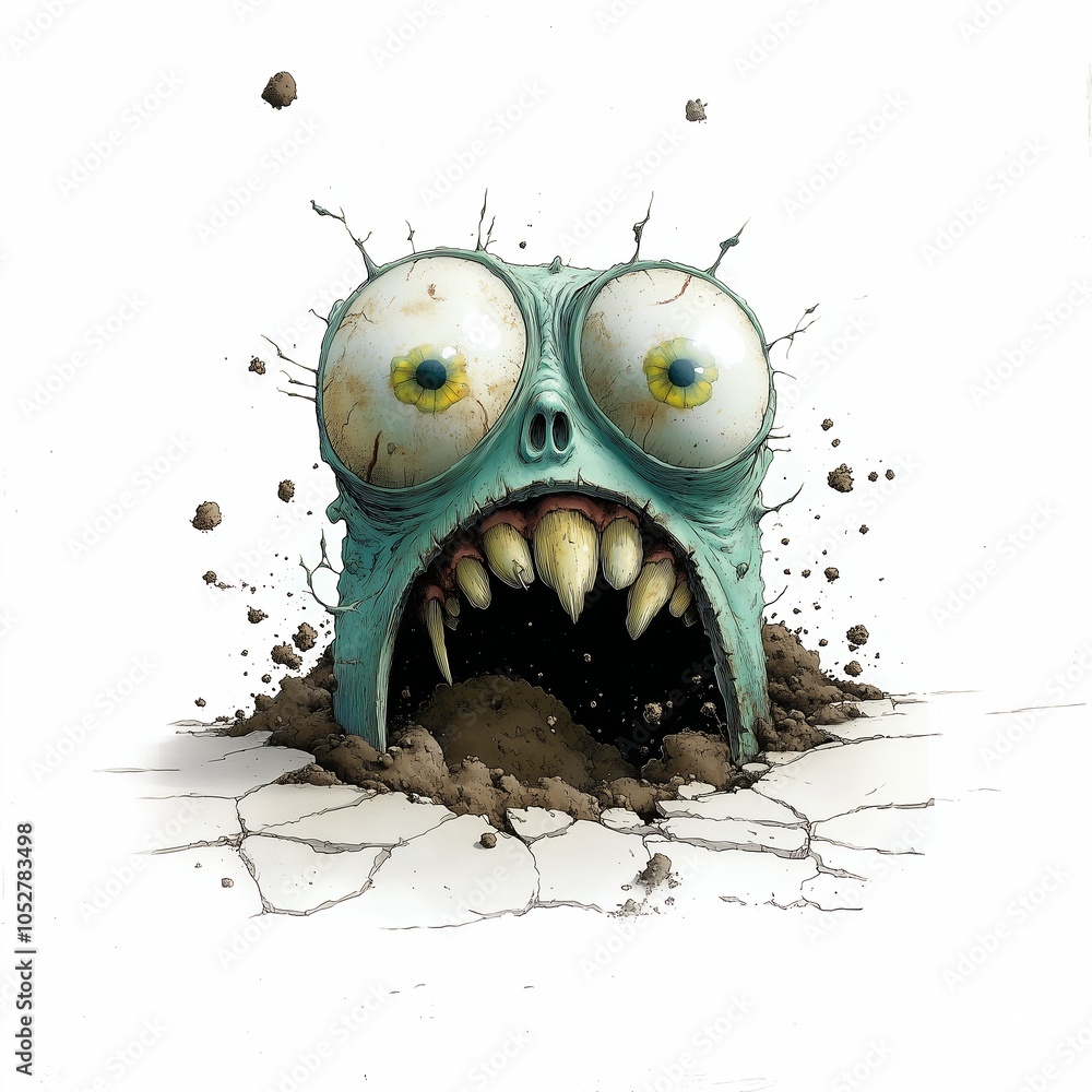 cartoon monster big eyes teeth poking out hole fill portrait wall dirt ...