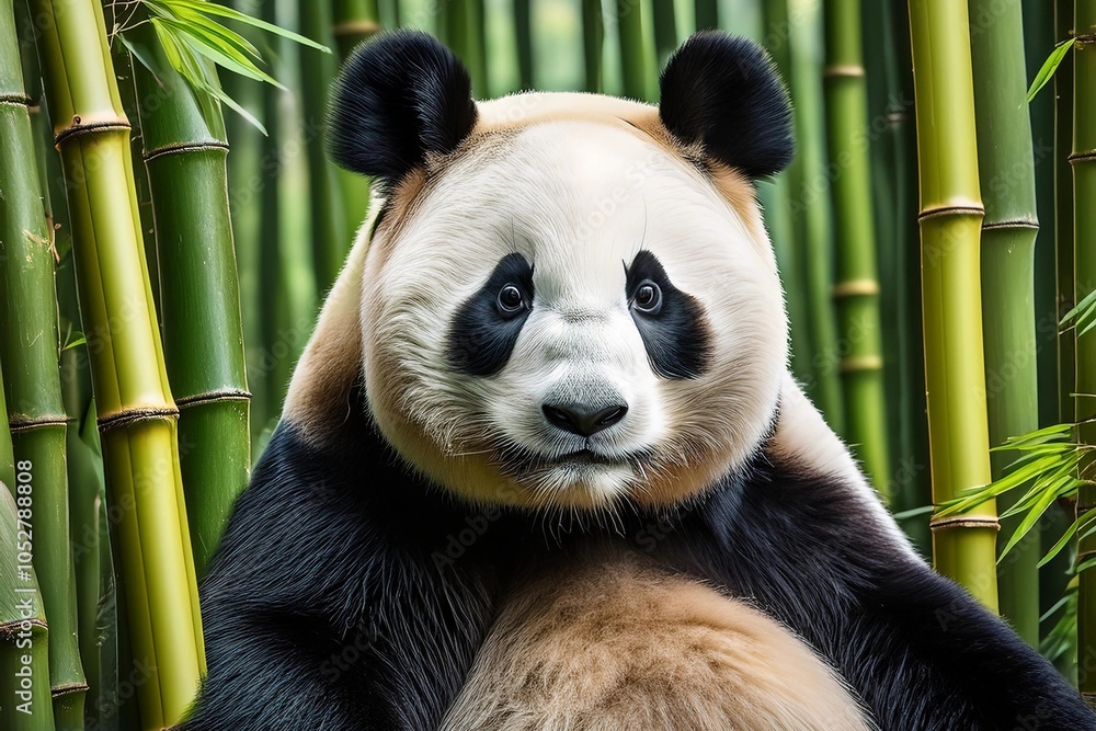 Close up portrait of giant panda in the middle bamboo forest with green ...