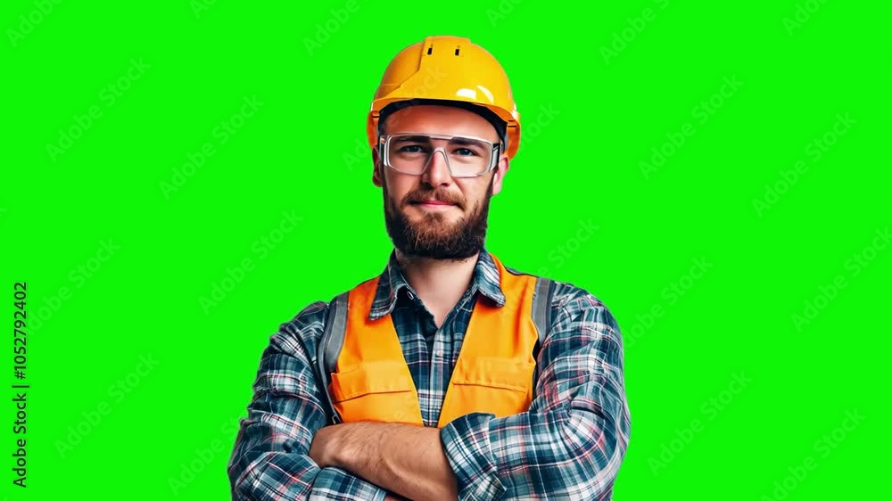 Construction worker smiles confidently against a bright green ...