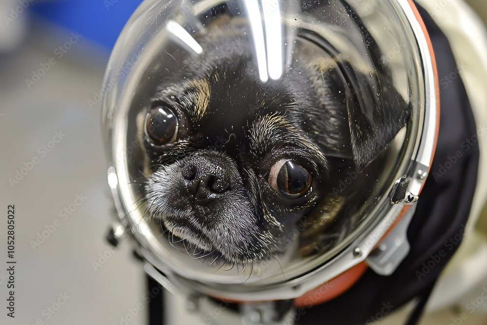 The first trip to space for a pug in a space suit. A portrait of a dog ...